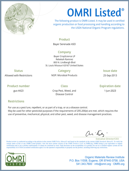 SERENADE ASO 2.5 gal OMRI listed | Ohio Earth Food Organic Fertilizer